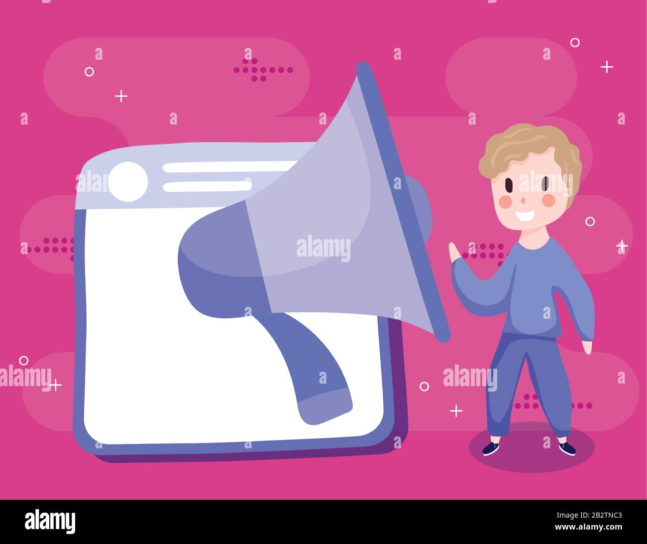 boy cartoon with website and megaphone design, Social media multimedia ...