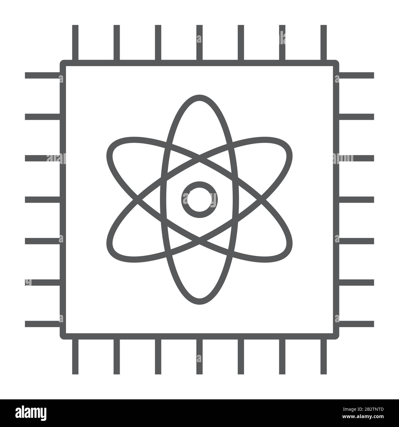 Quantum computing thin line icon, technology and processor, chip with atom sign, vector graphics ...