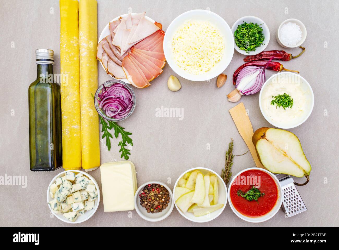 Set of ingredients for pizza, quiche, savory pies. Dough, meat, blue ...