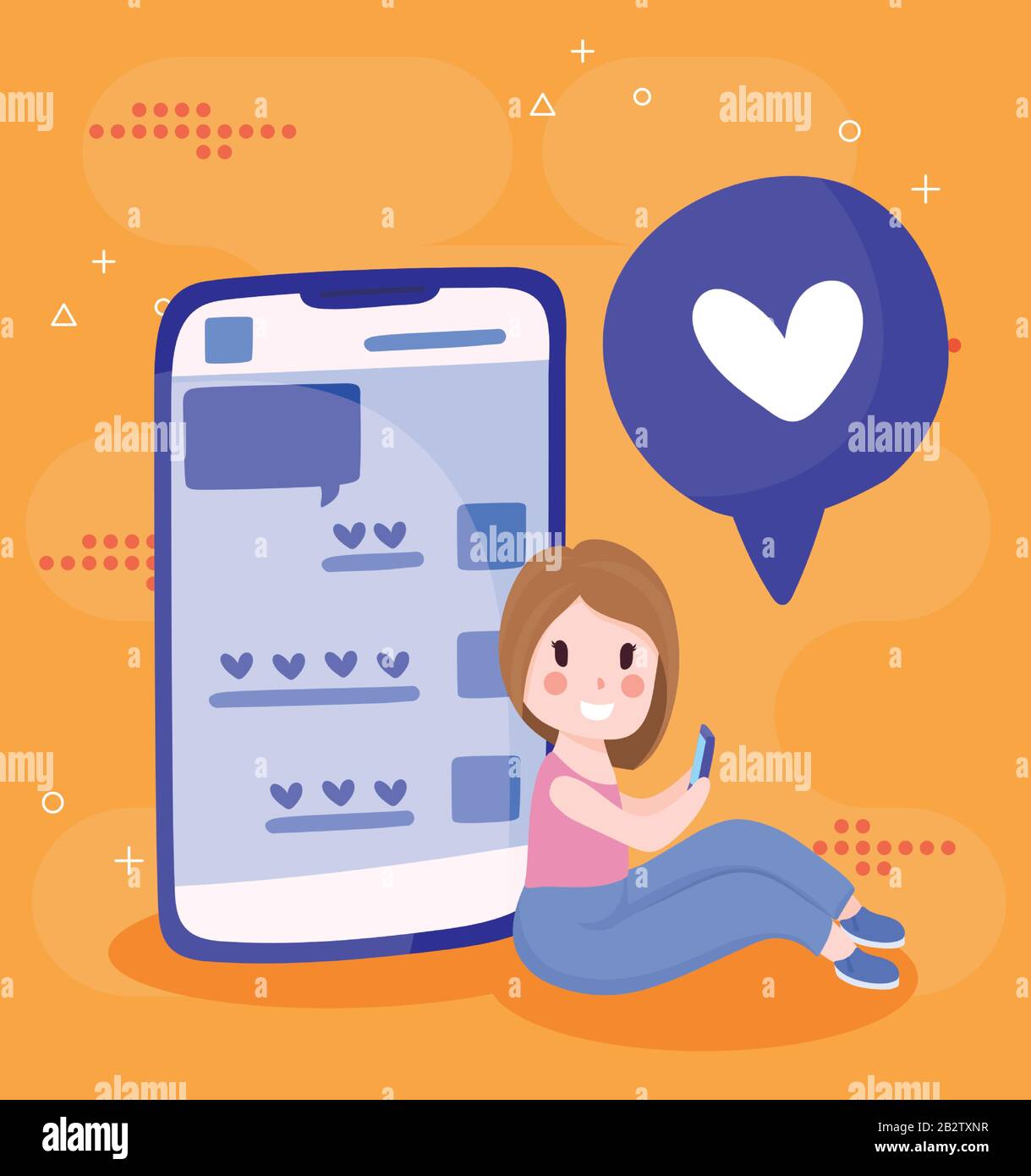girl cartoon with smartphone and heart bubble design, Social media ...
