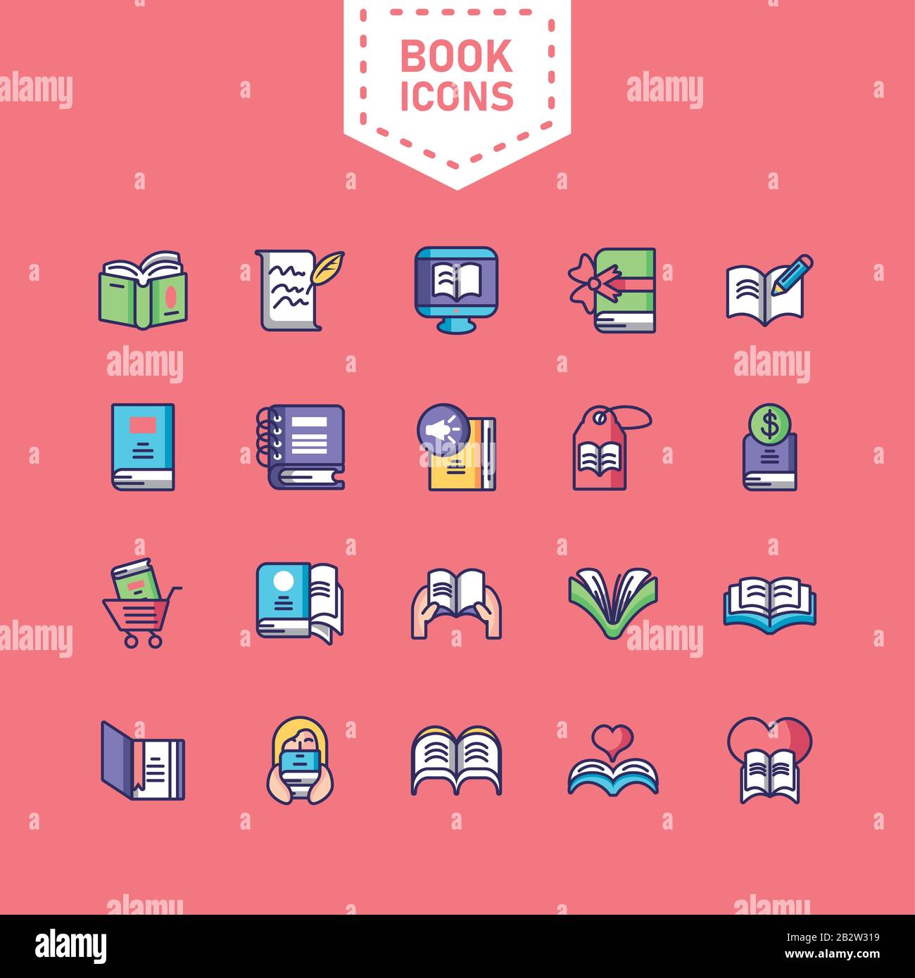 book day icon set over pink background, line and fill style, vector ...