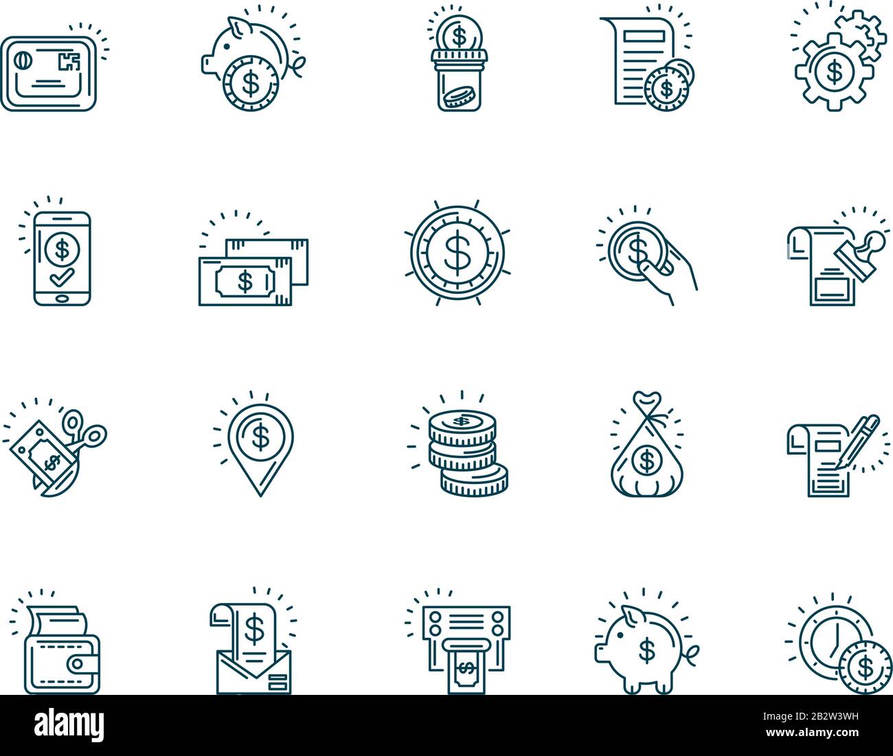 money coins and icons set over white background, line style, vector ...