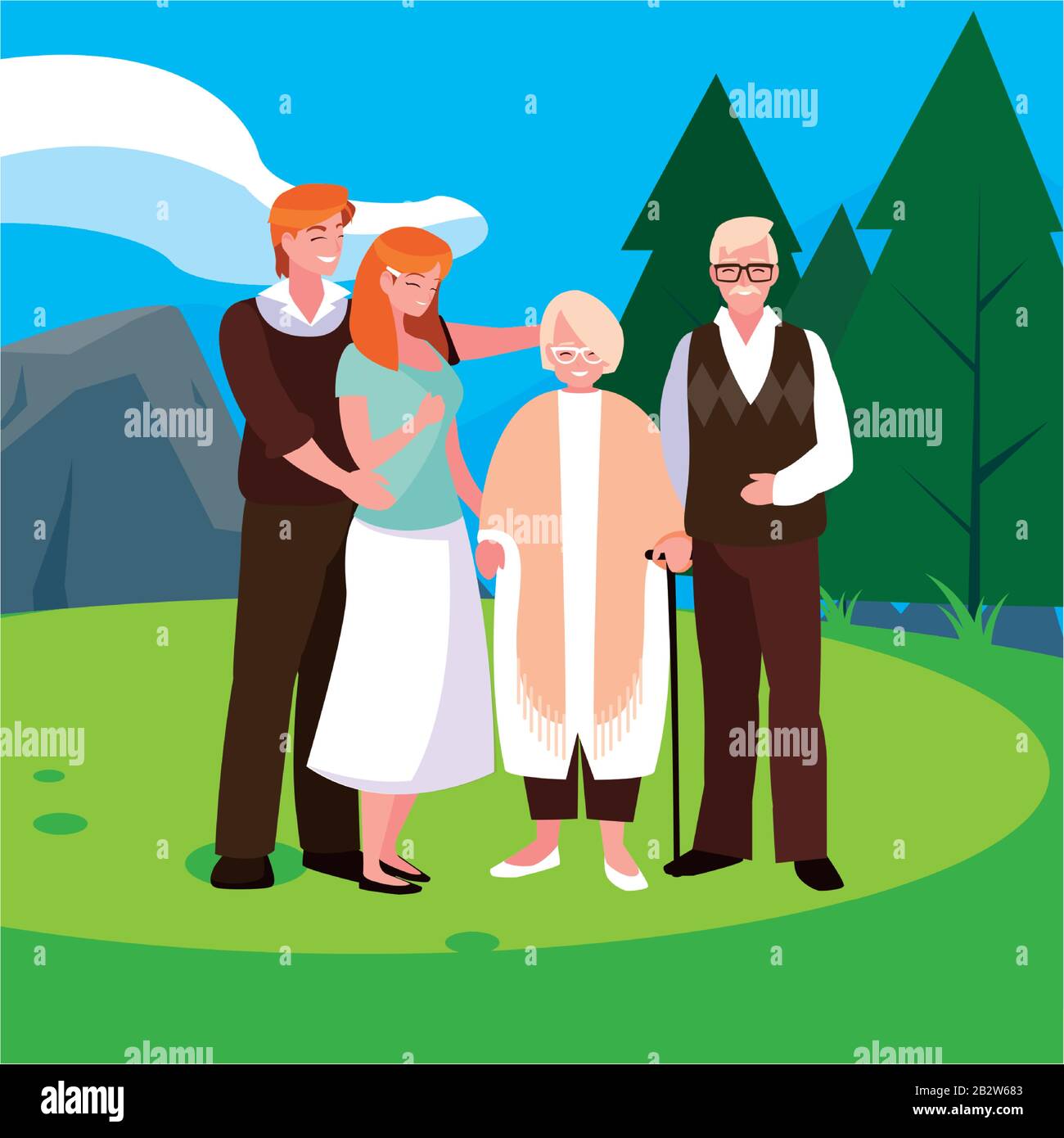 old couple and their adult children having fun together, two ...