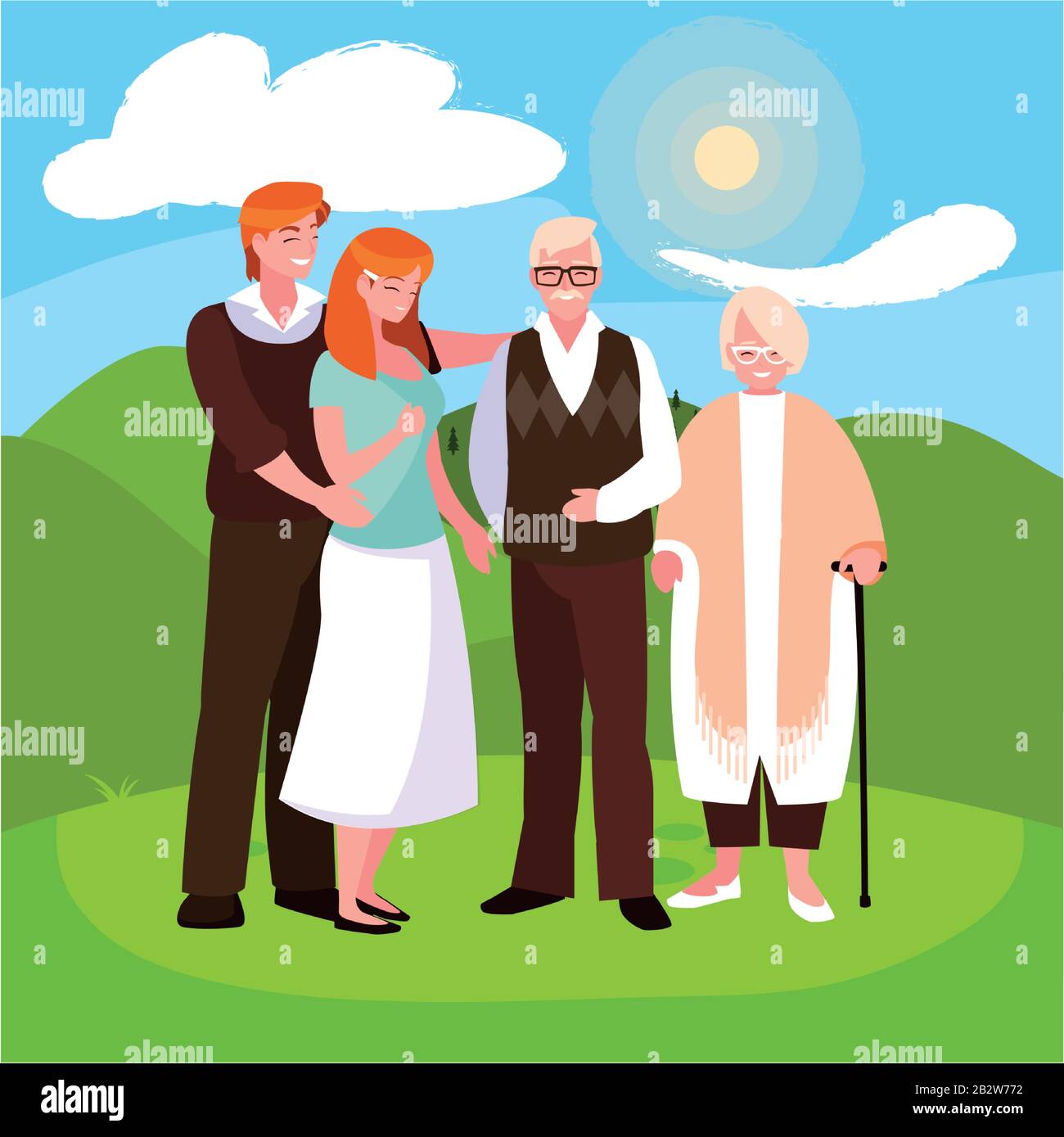old couple and their adult children having fun together, two ...