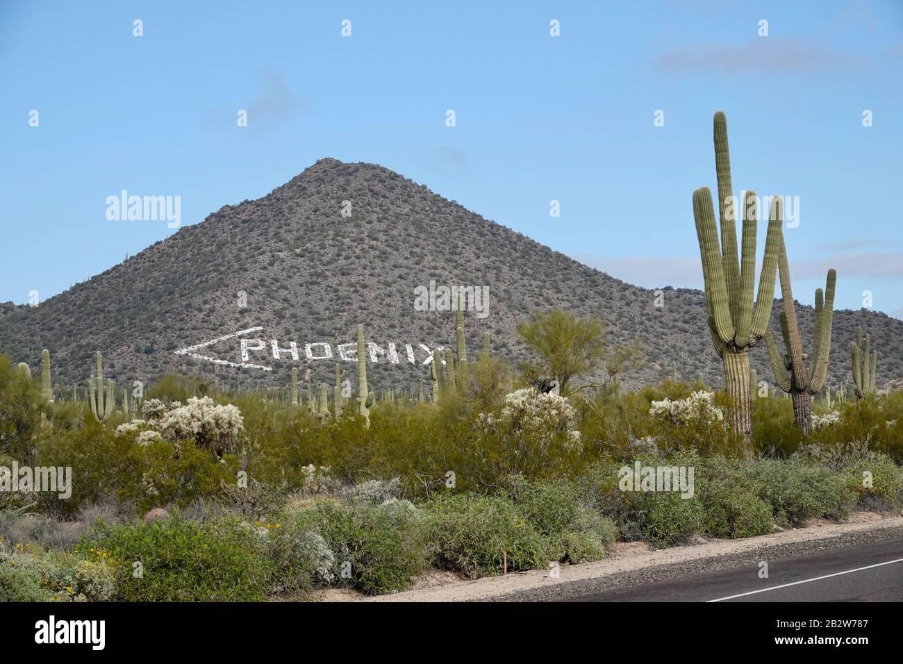A sign made of white rocks built on a mountainside says Phoenix with an ...