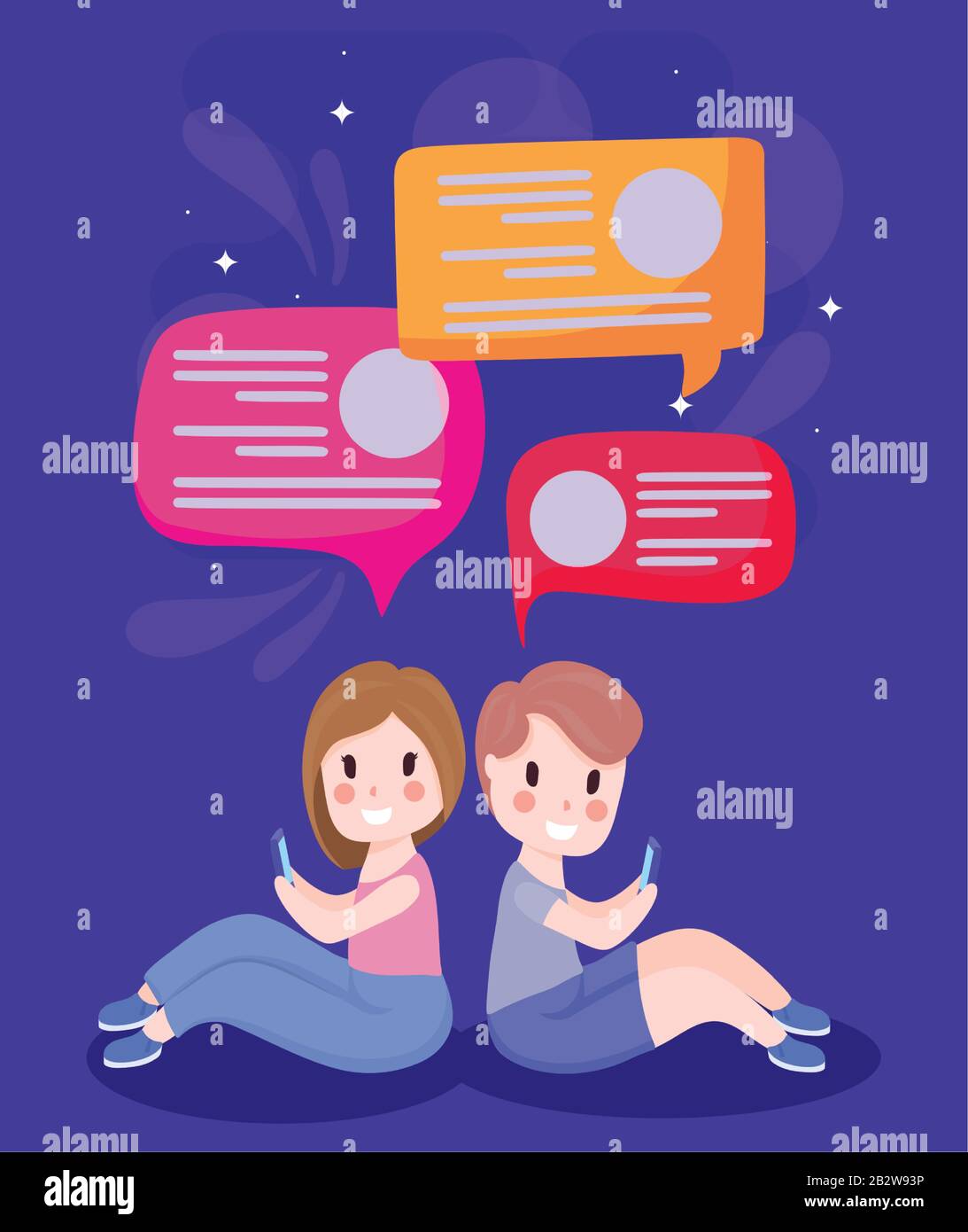 girl and boy cartoon with smartphones and bubbles design, Social media ...