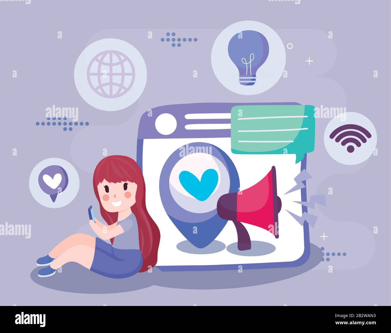 girl cartoon with website and megaphone design, Social media multimedia ...