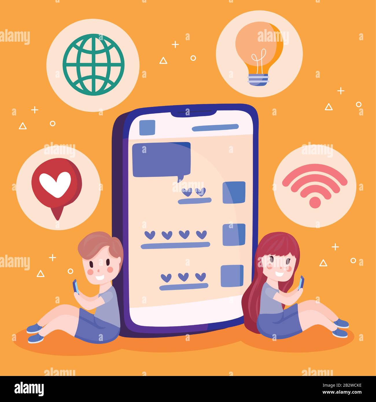 girl and boy cartoon with smartphone design, Social media multimedia ...
