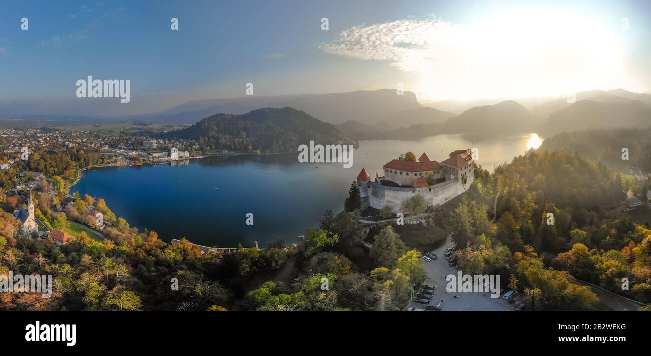 Aerial panoramic view of Lake Bled and the castle of Bled, Slovenia ...