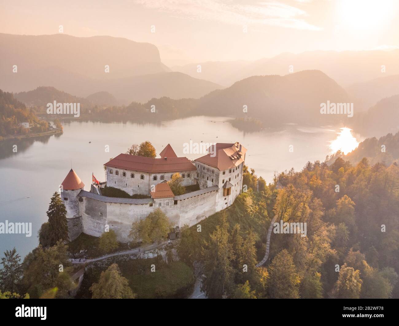 Aerial view of Lake Bled and the castle of Bled, Slovenia, Europe ...