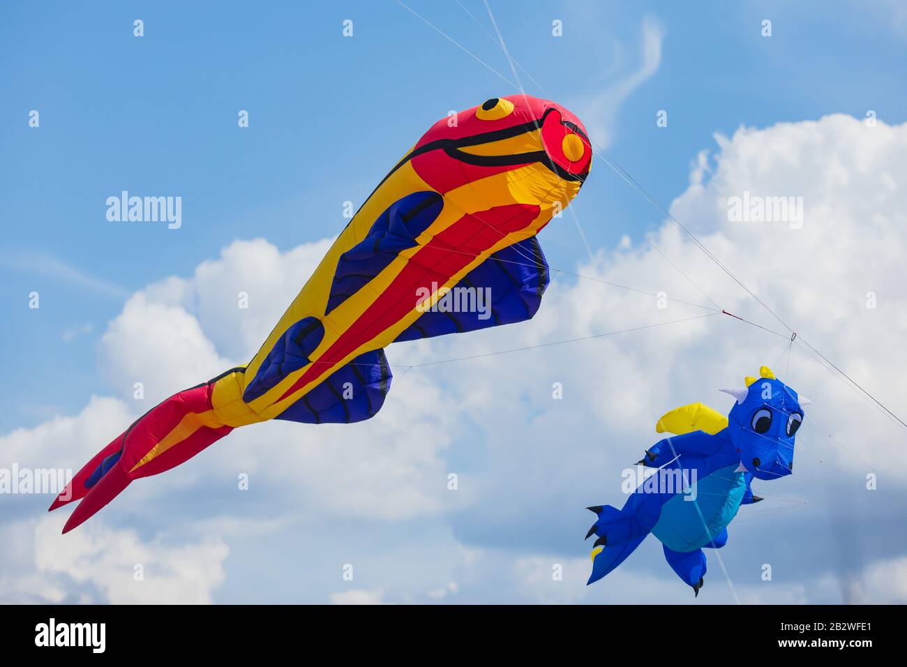 A lot of beautiful different colourful kites flying in the sky during ...