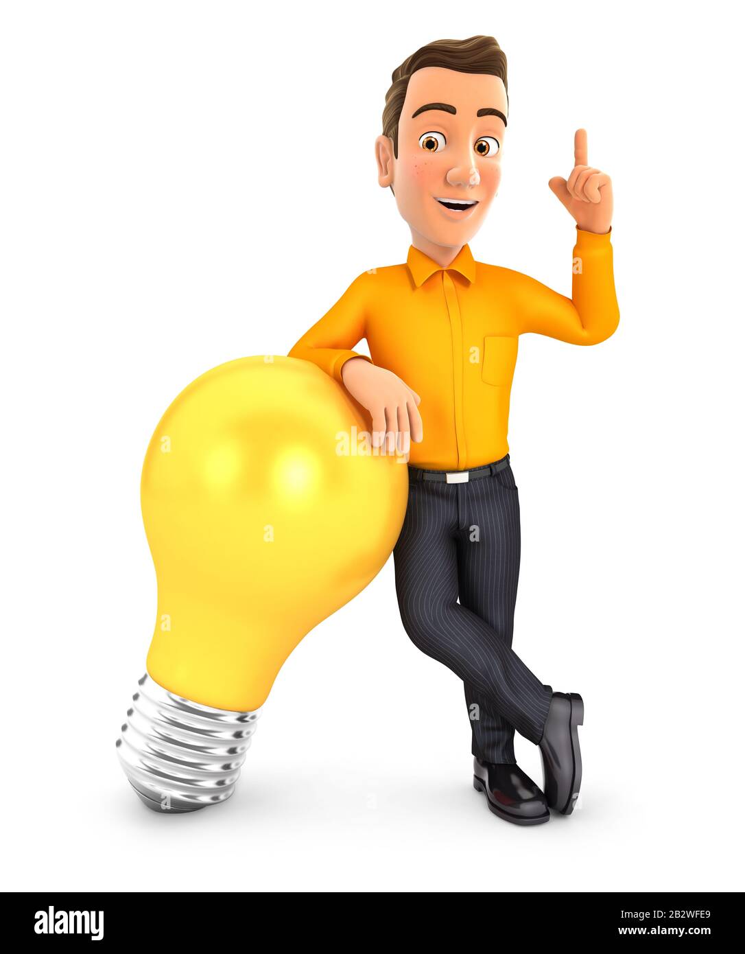 3d man leaning against light bulb, illustration with isolated white ...