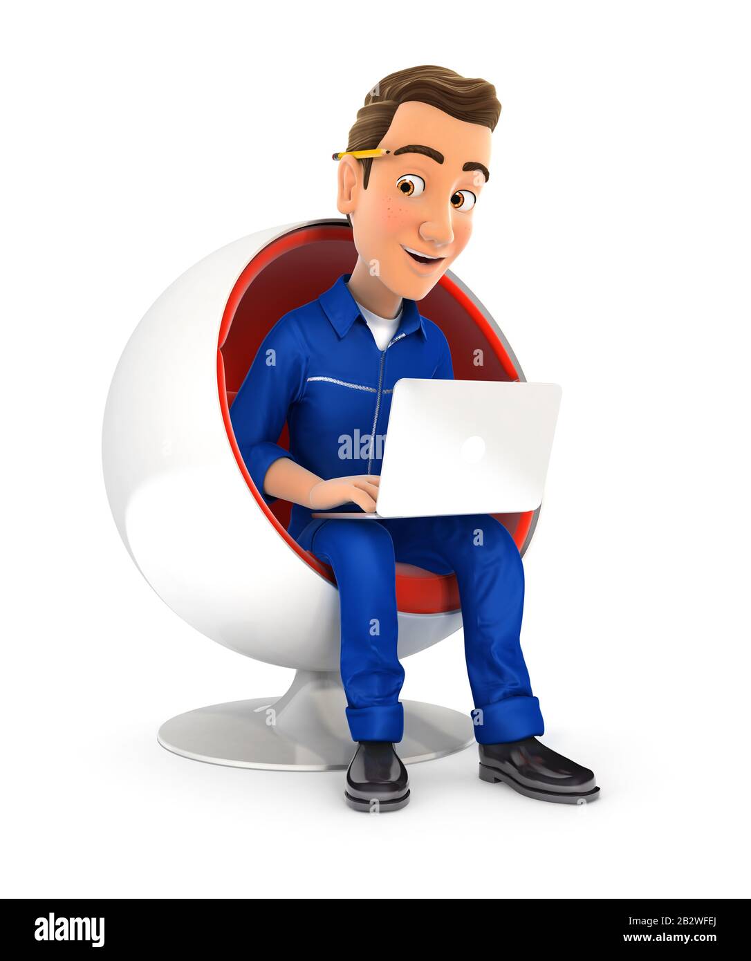 3d mechanic sitting in round chair and using laptop, illustration with ...