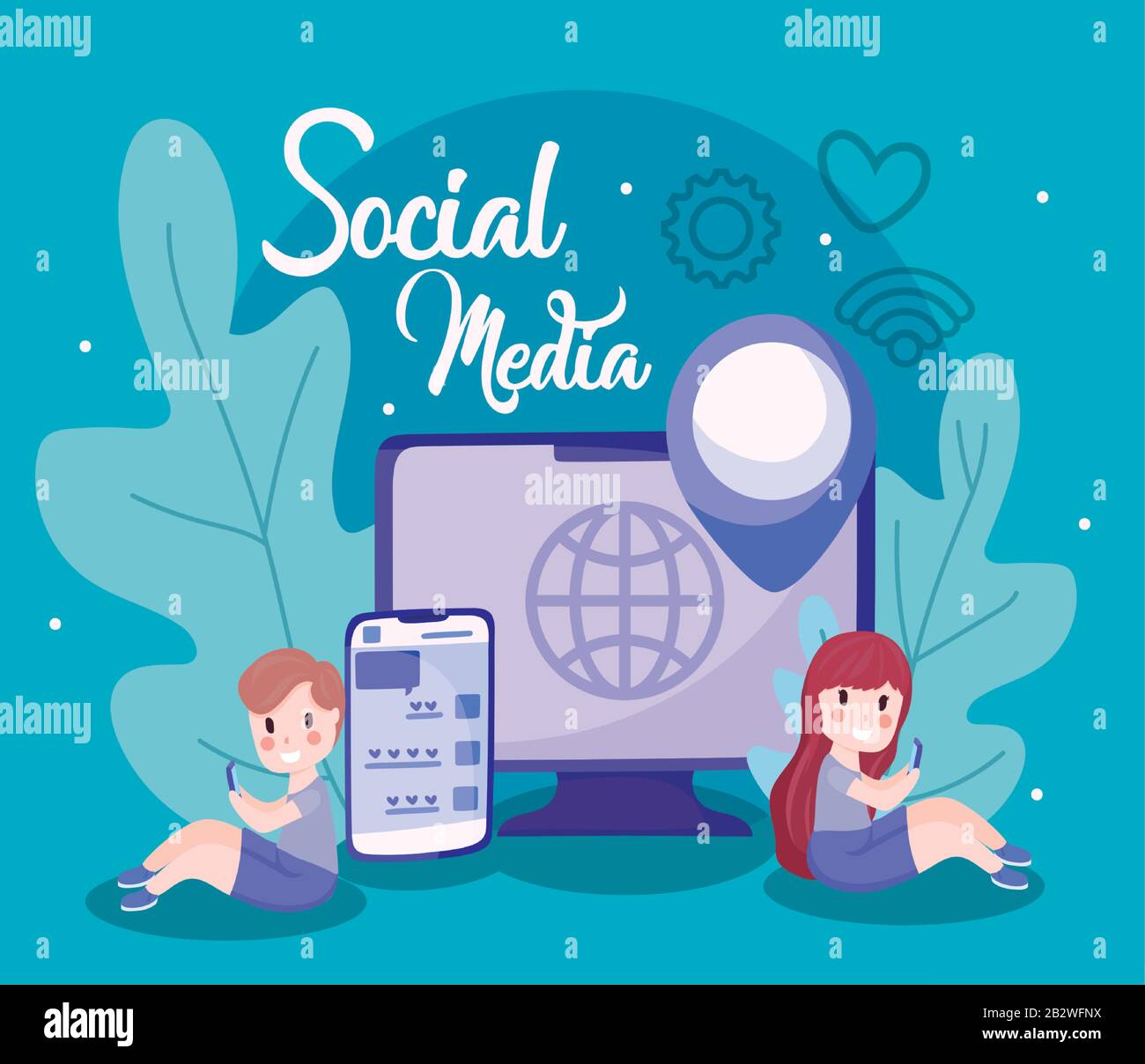 girl and boy cartoon with smartphone and computer design, Social media ...