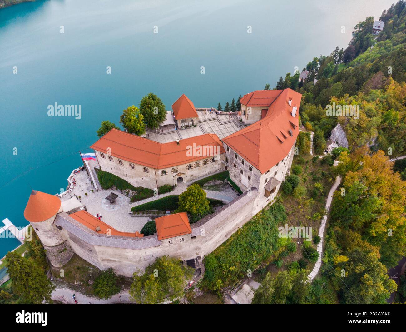 Aerial view of Lake Bled and the castle of Bled, Slovenia, Europe ...