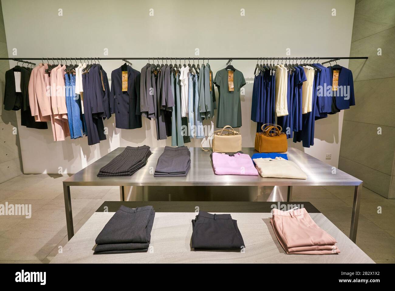 HONG KONG, CHINA - JANUARY 23, 2019: clothes on display at Theory store ...