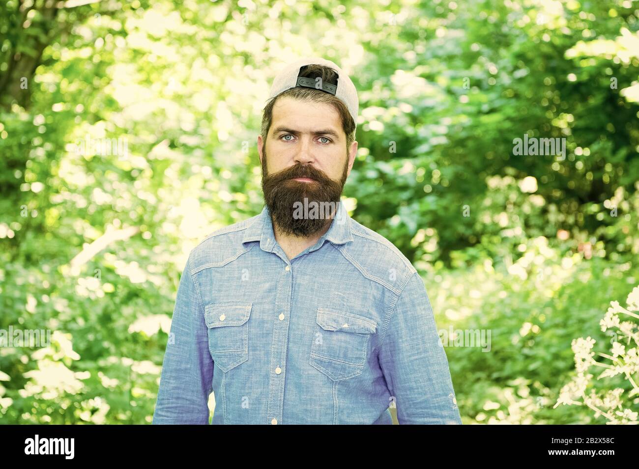 Man handsome bearded guy in sunny forest. United with environment. Go ...