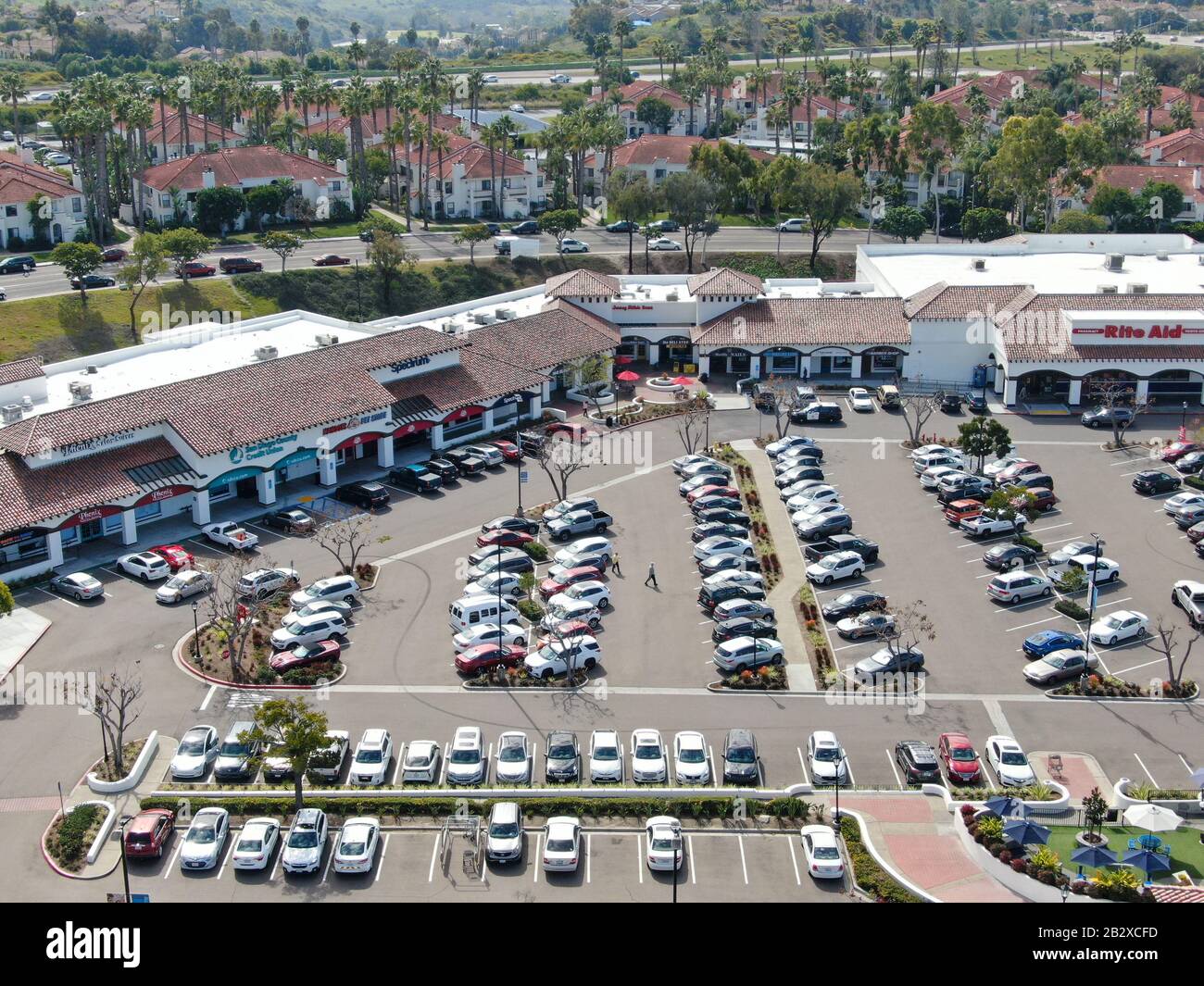 Aerial view of typical small town shopping center with supermarket ...