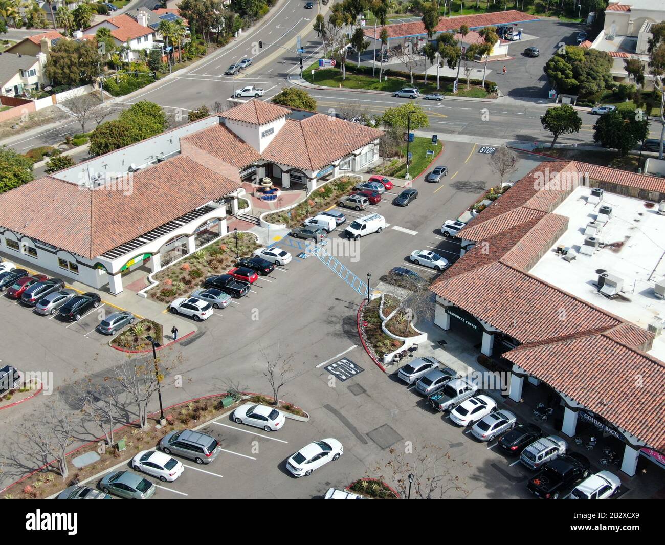 Aerial view of typical small town shopping center with supermarket ...