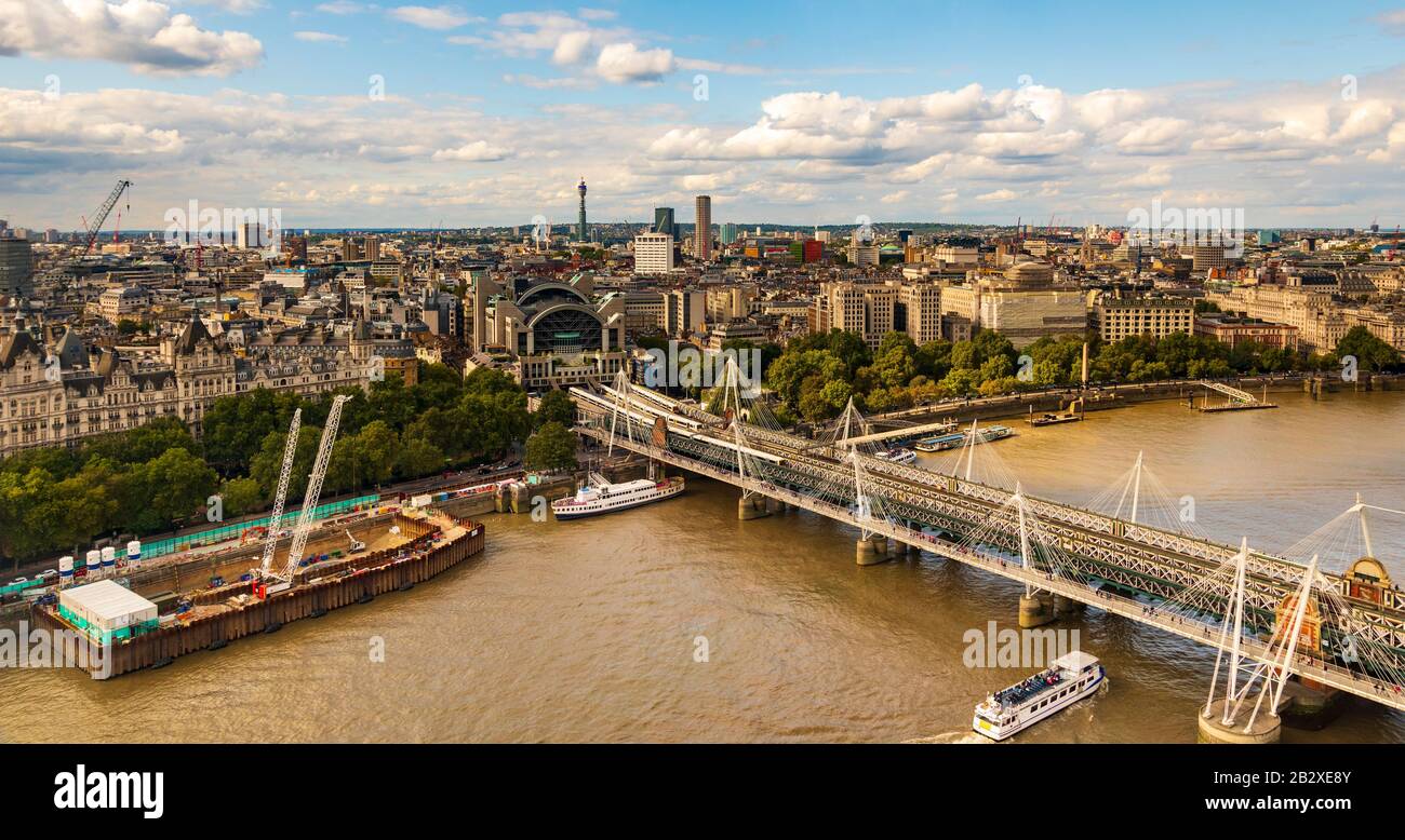 High angle view of Hungerford Bridge and Golden Jubilee Bridges and ...