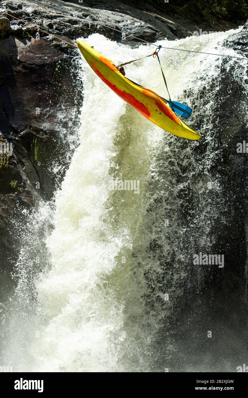 Kayak Suspended On A Zipline Extreme Sport Theme Stock Photo - Alamy