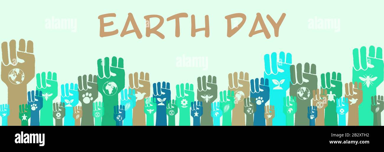 Earth Day, environmental activism, community raised hands in protest ...