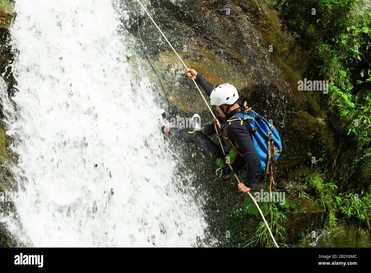 Waterfall Descent By A Professional Canyoning Instructor Stock Photo ...