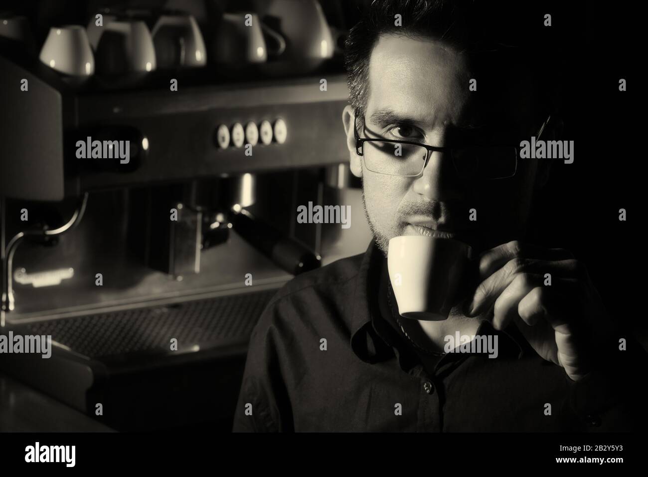 Coffee Sommelier Tasting Espresso Cup High Contrast Monochrome Image ...