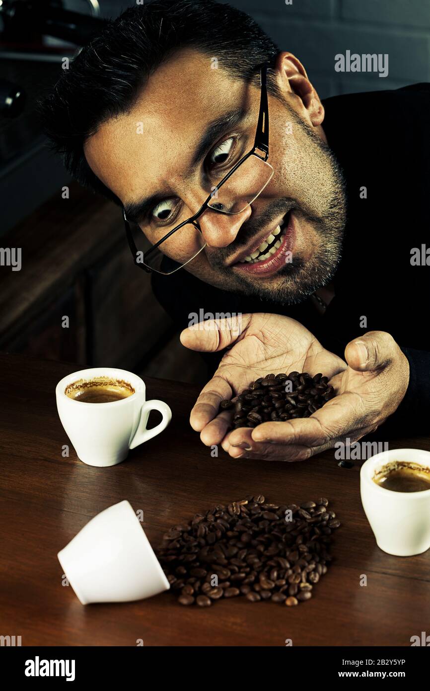 Coffee Sommelier In A Funny Pose Over Processed To Exaggerate The Crazy ...