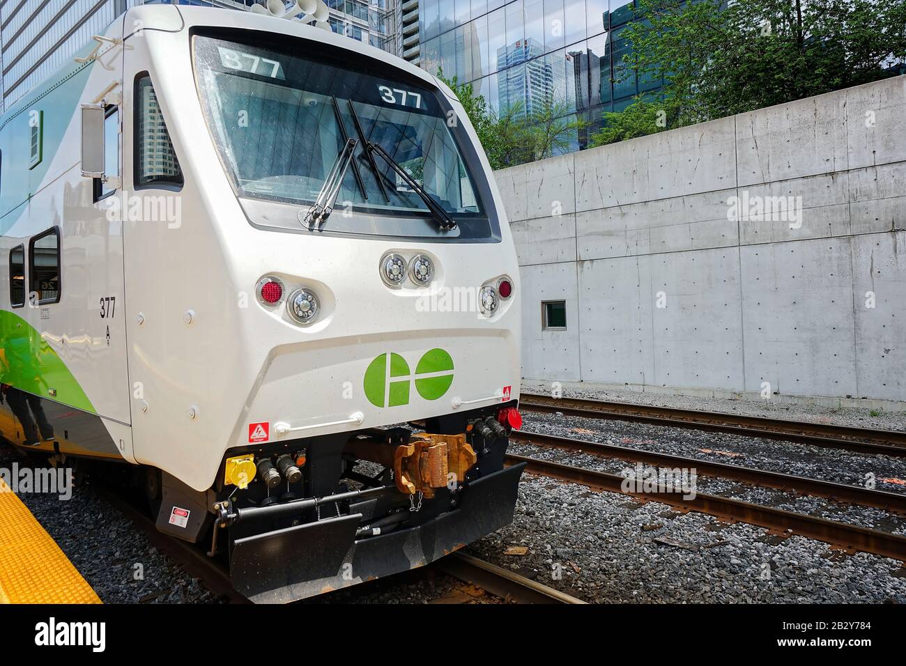 Toronto, Ontario, Canada-June 2, 2019: Toronto Go Train arriving at a ...