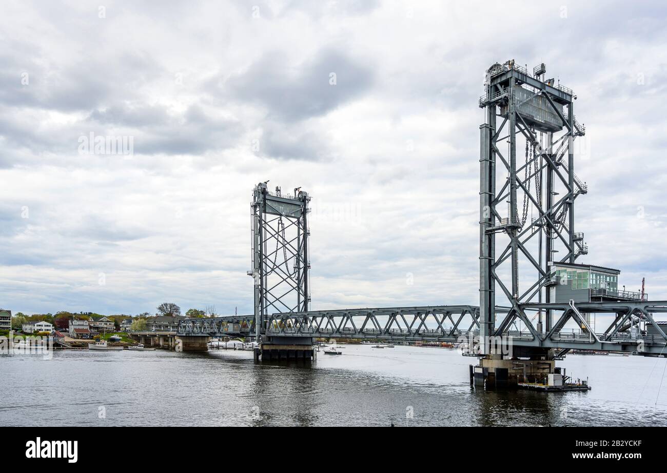 An old metal-drawn pedestrian фтв transportation drawbridge with two ...