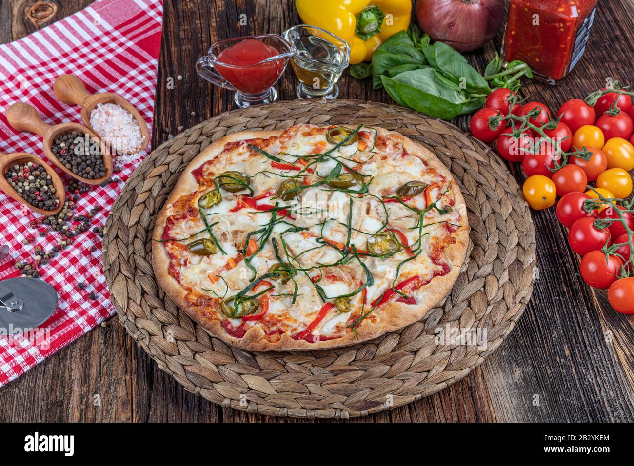 Italian Delicious Fresh Hot Mix Baked Chicken Pizza with Melting Cheese ...