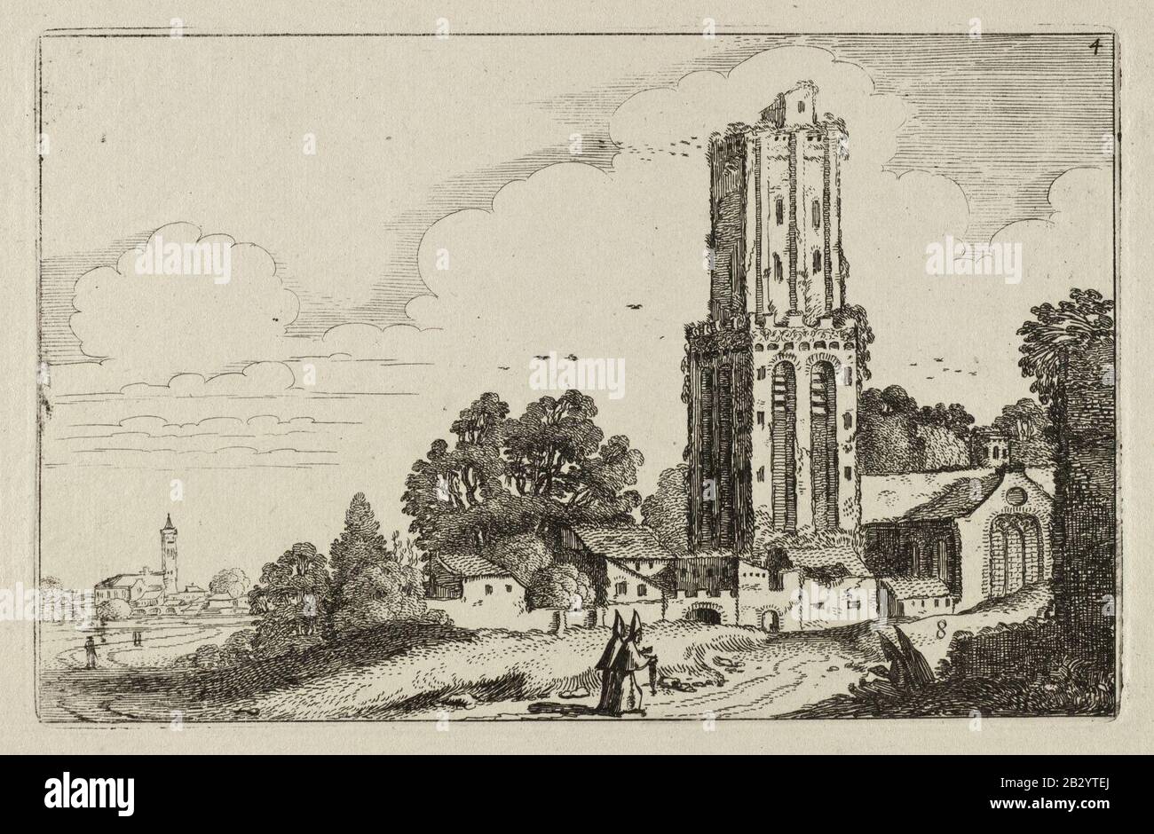 Geestelijken op een pad bij een vervallen kerktoren. Links op de ...