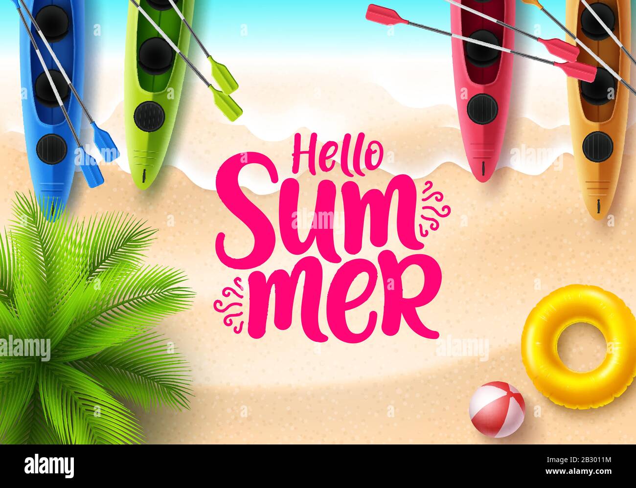 Hello summer vector banner design. Hello summer text with beach top ...