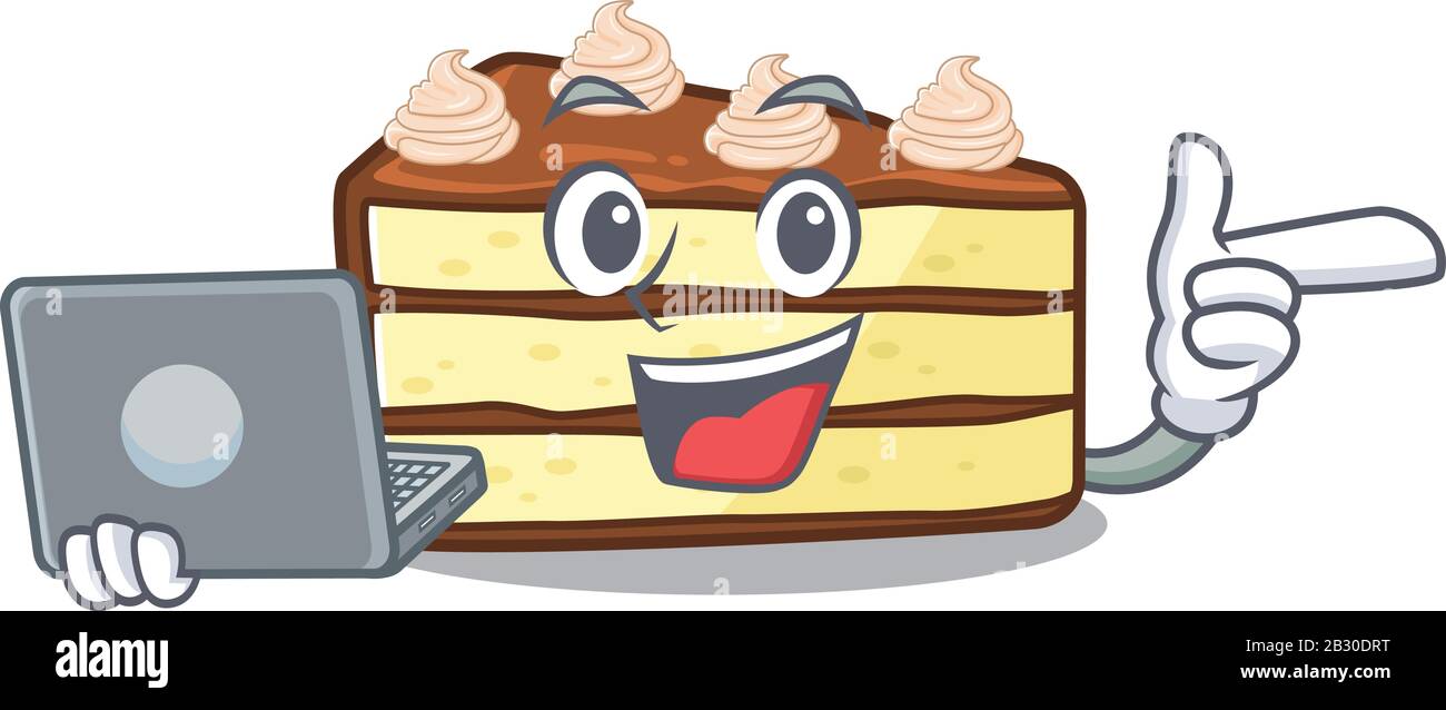 Cool character of chocolate slice cake working with laptop Stock Vector ...