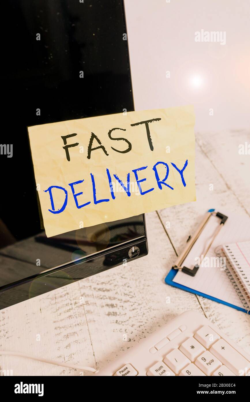 Conceptual hand writing showing Fast Delivery. Concept meaning Express ...