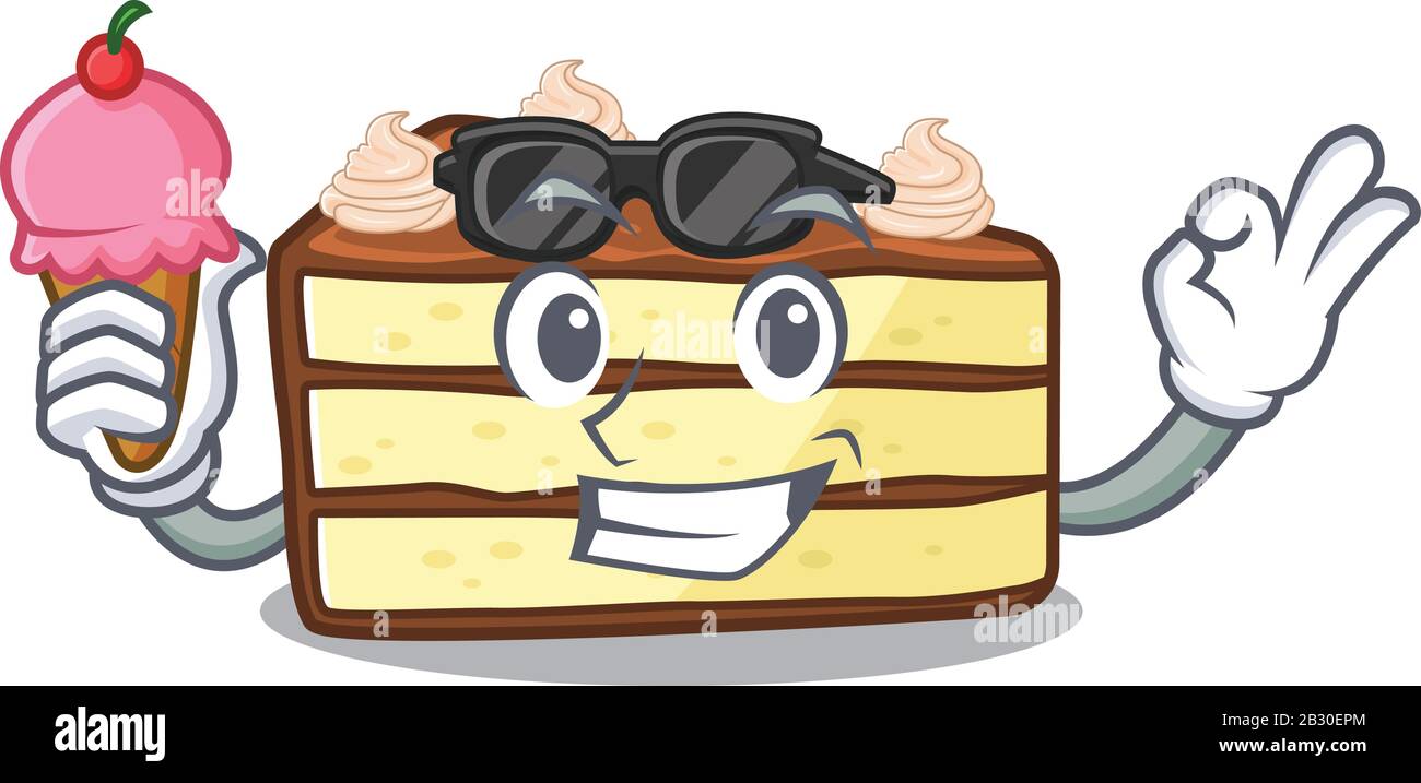 happy face chocolate slice cake cartoon design with ice cream Stock ...
