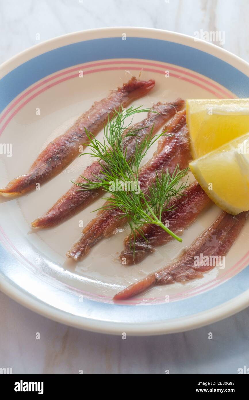 Anchovy fillet in olive oil with dill and lemon garnish Stock Photo - Alamy