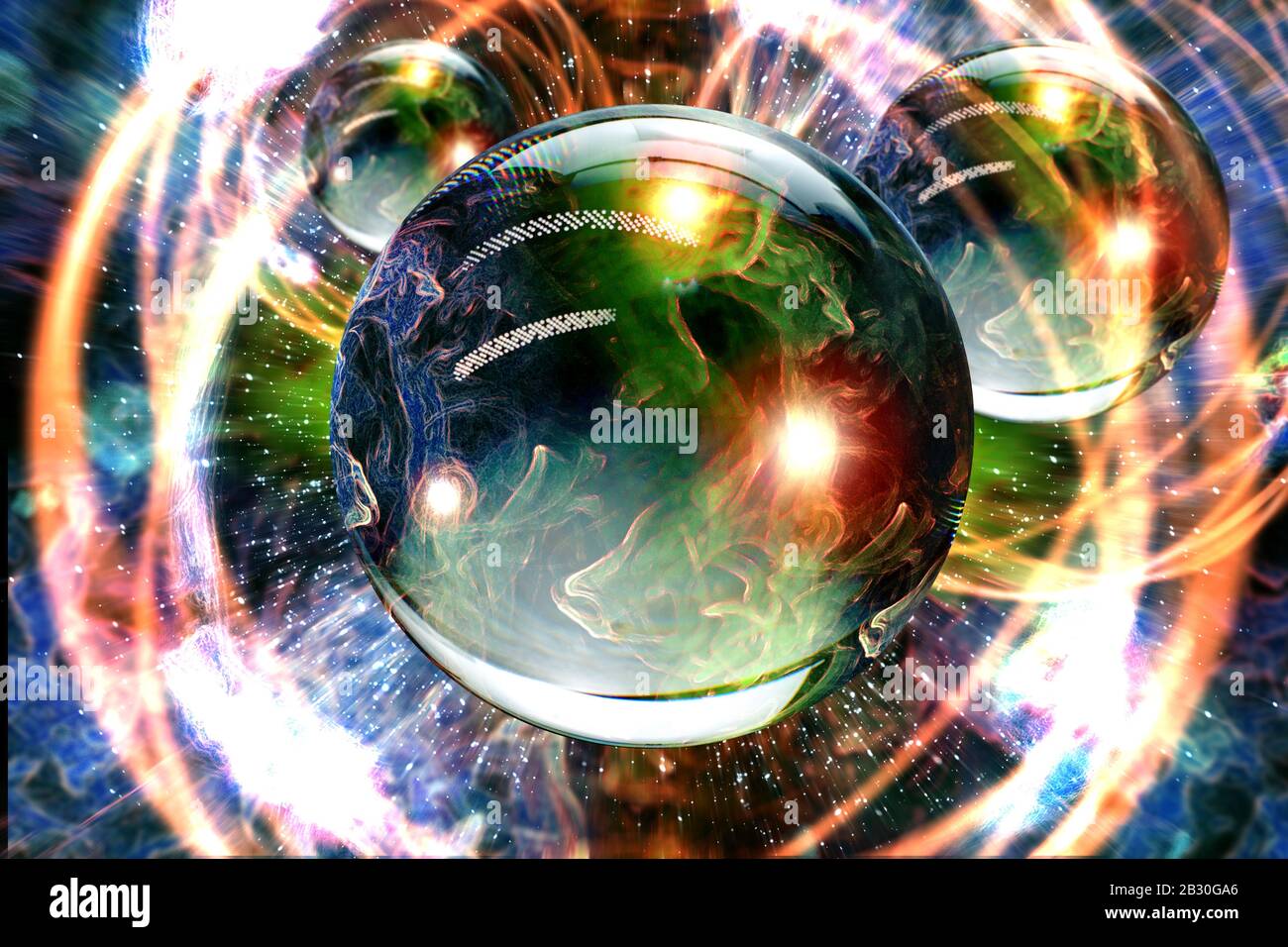 Close up of colorful atomic particle background science 3D illustration ...