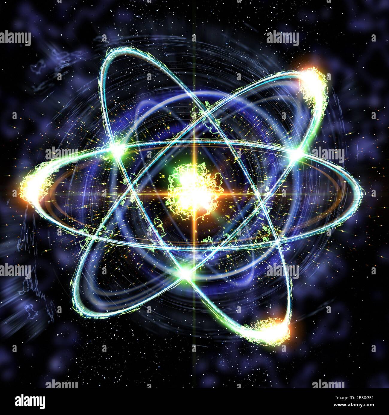 Close up of colorful atomic particle background science 3D illustration ...