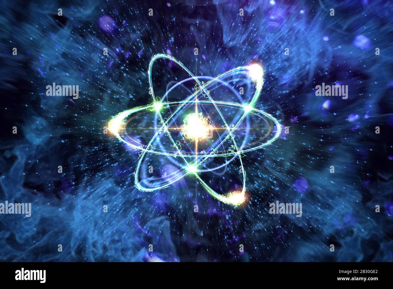 Close up of colorful atomic particle background science 3D illustration ...