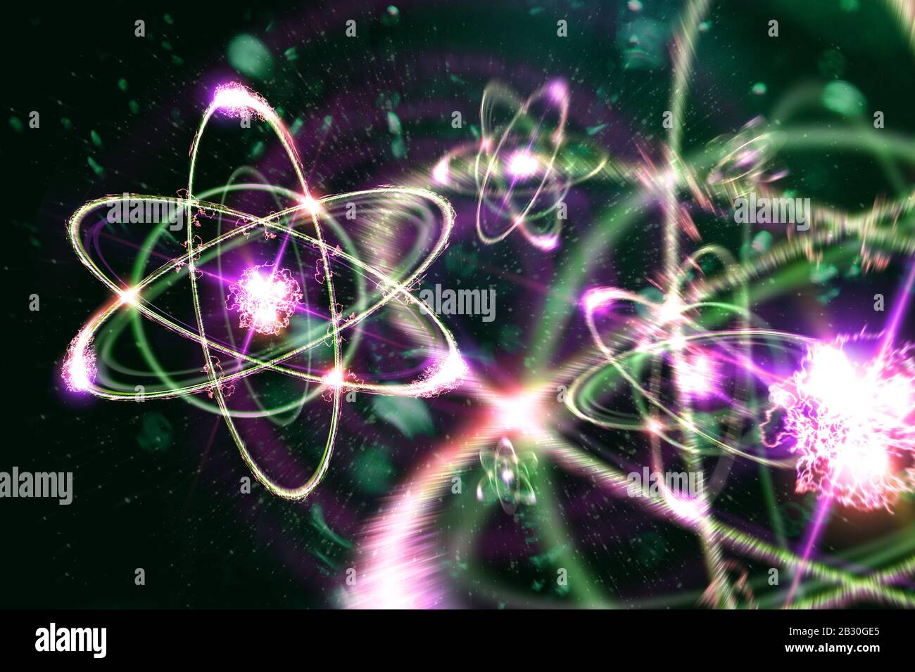 Close up of colorful atomic particle background science 3D illustration ...