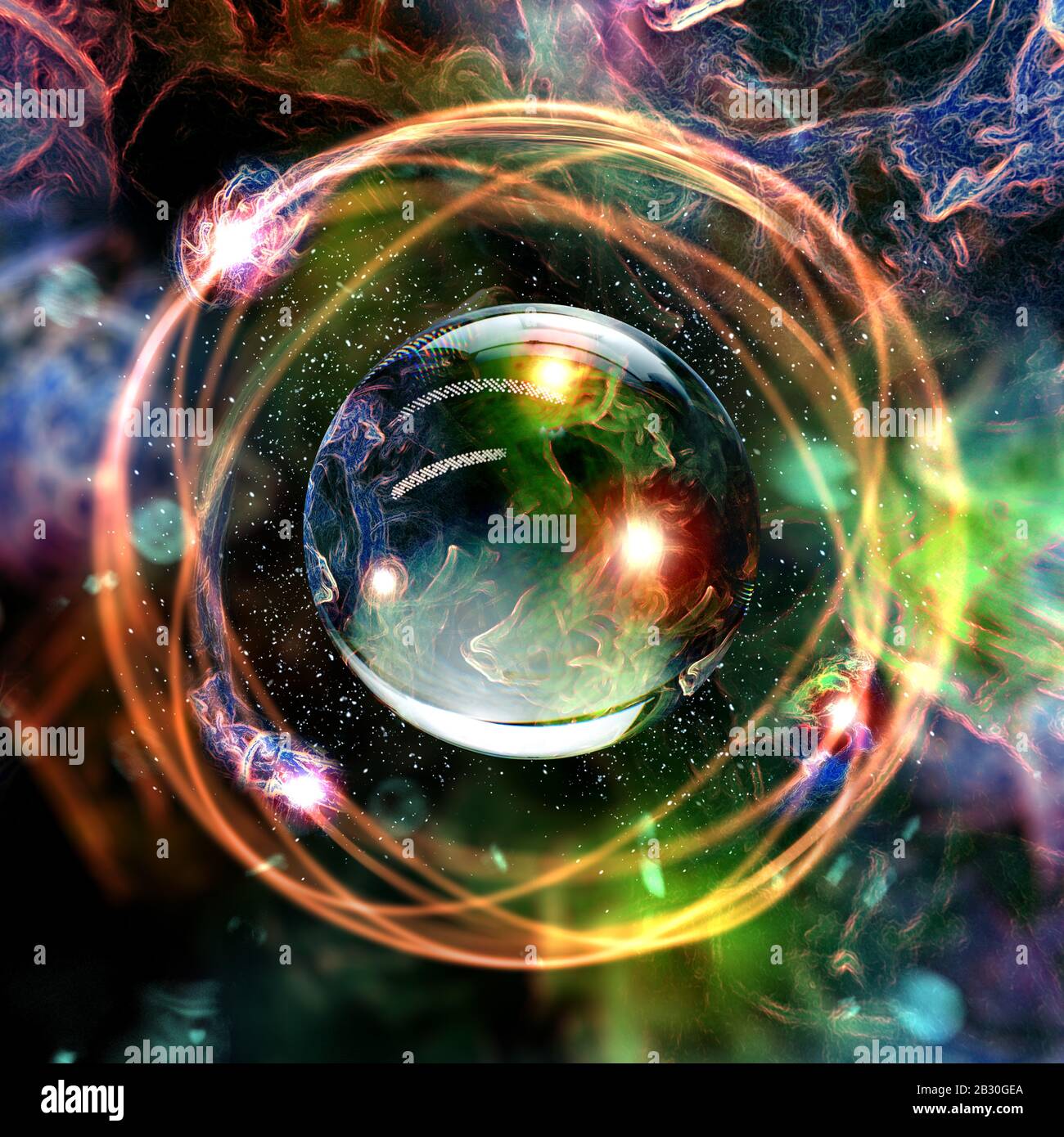 Close up of colorful atomic particle background science 3D illustration ...
