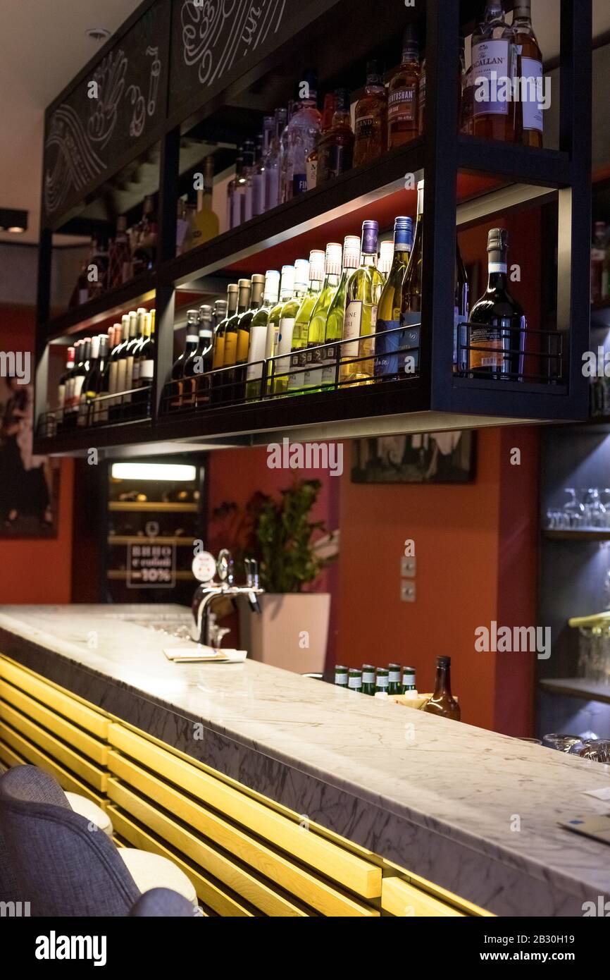 MOSCOW,russia,1 march 2020. The interior of the wine bar.Long wooden ...