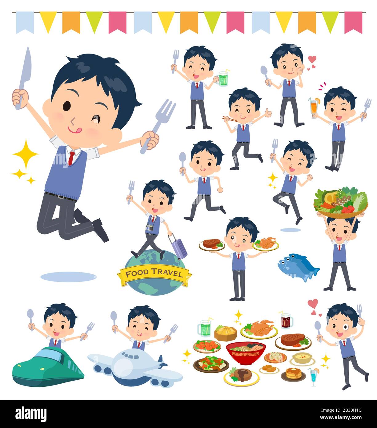 A set of school boy on food events.There are actions that have a fork ...