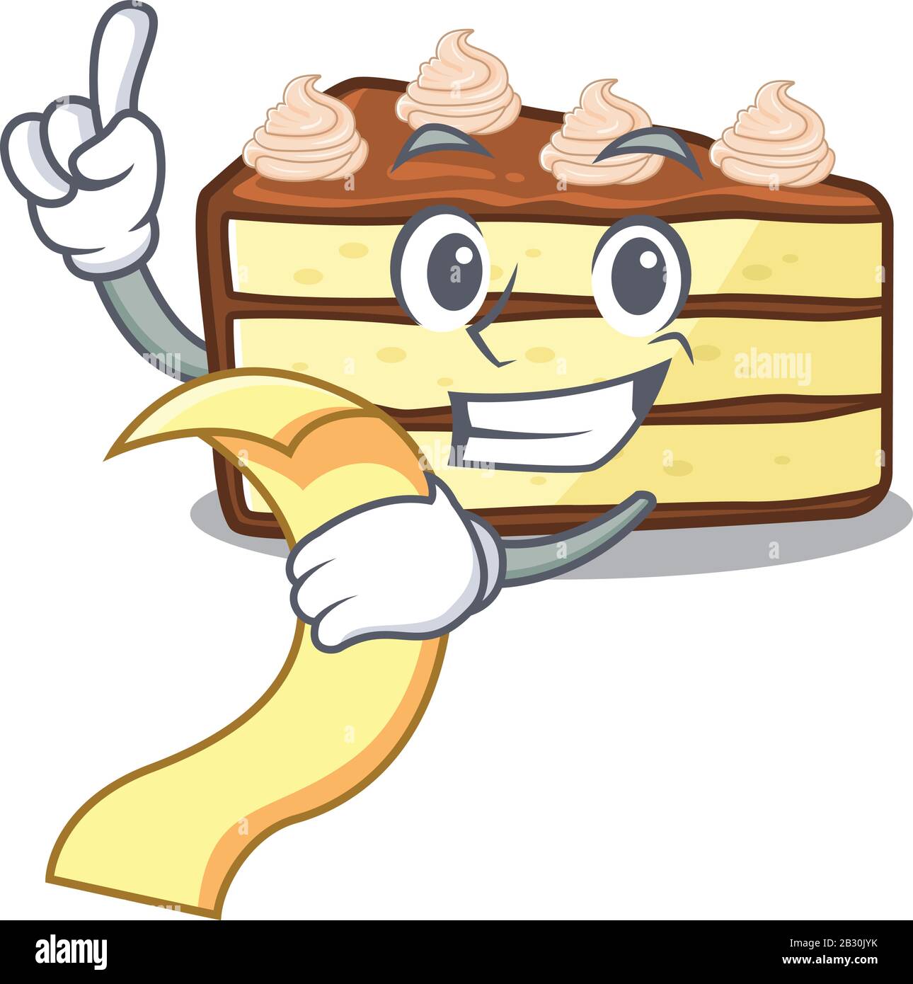 A funny cartoon character of chocolate slice cake holding a menu Stock ...