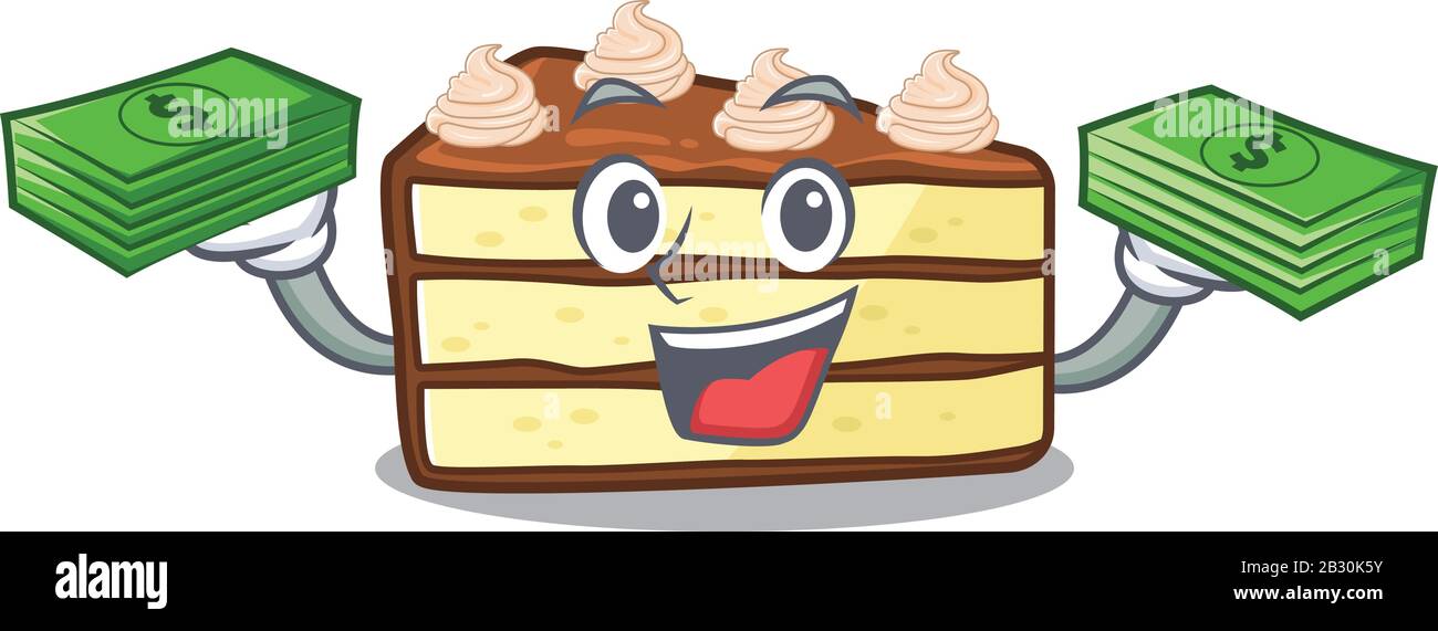 cool rich chocolate slice cake character having money on hands Stock ...