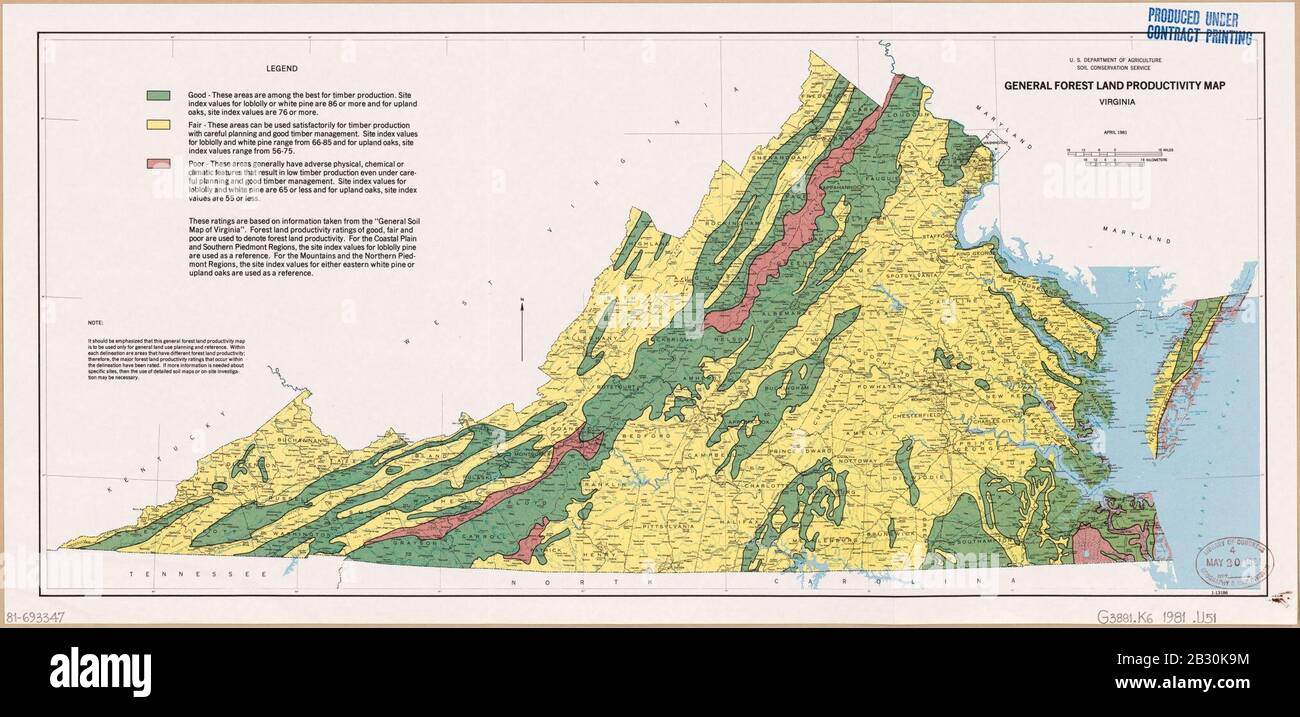General forest land productivity map, Virginia - April 1981 Stock Photo ...