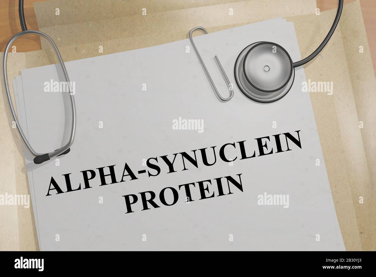 3D illustration of ALPHA-SYNUCLEIN PROTEIN title on a medical document ...