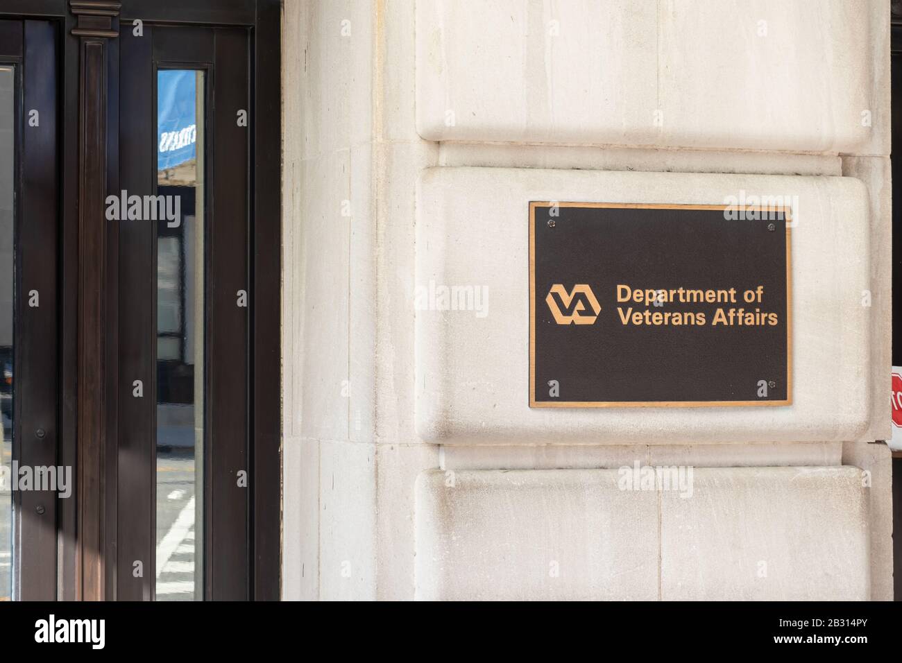 US Department of Veteran Affairs logo on the side their main office in ...